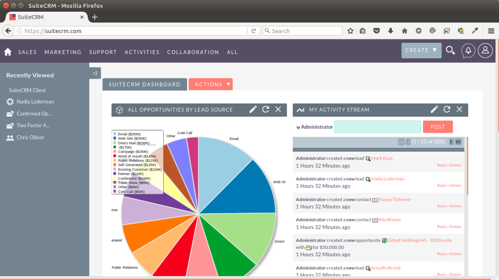 SuiteCRM 7.10 screenshot - dashboard - SuiteCRM